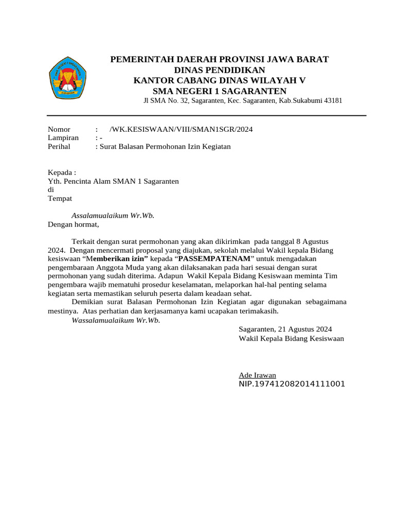 Surat Balasan Izin Kegiatan | PDF