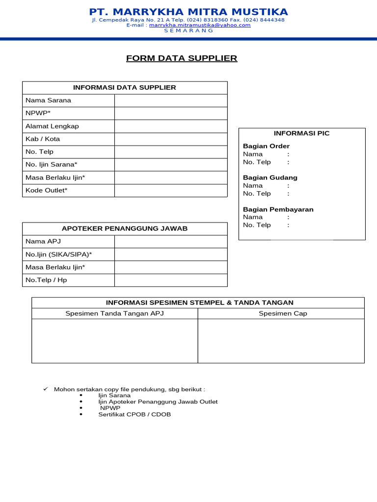 Formulir Data Supplier PT Marrykha | PDF