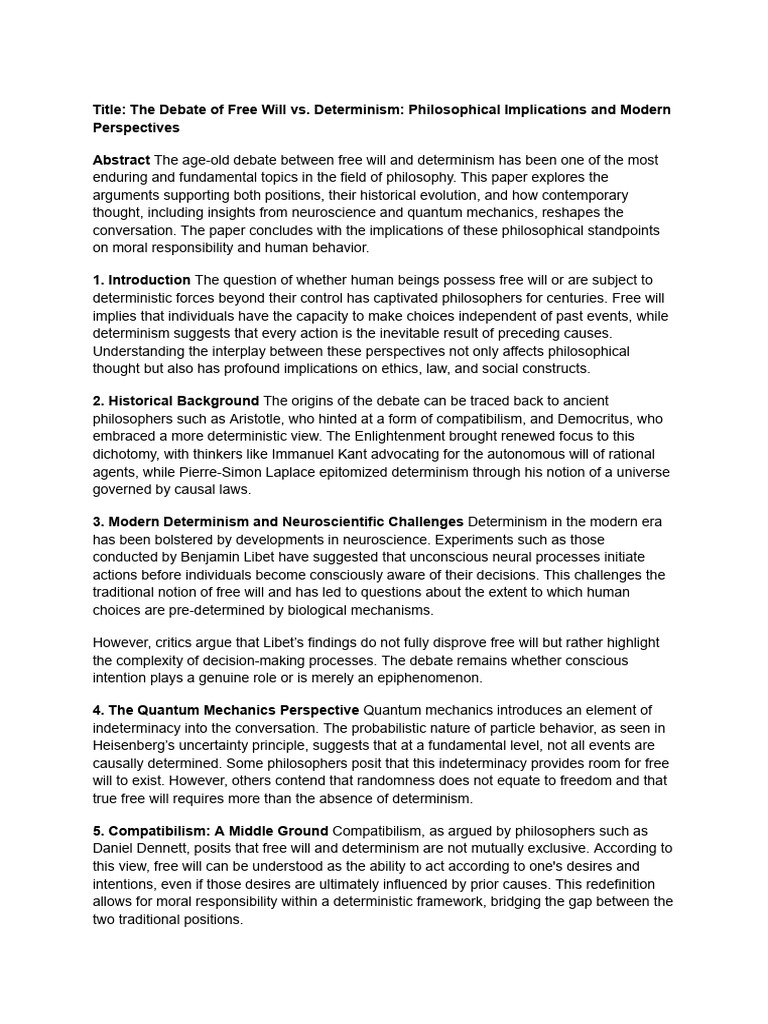 Title - The Debate of Free Will Vs Determinism | PDF | Free Will ...