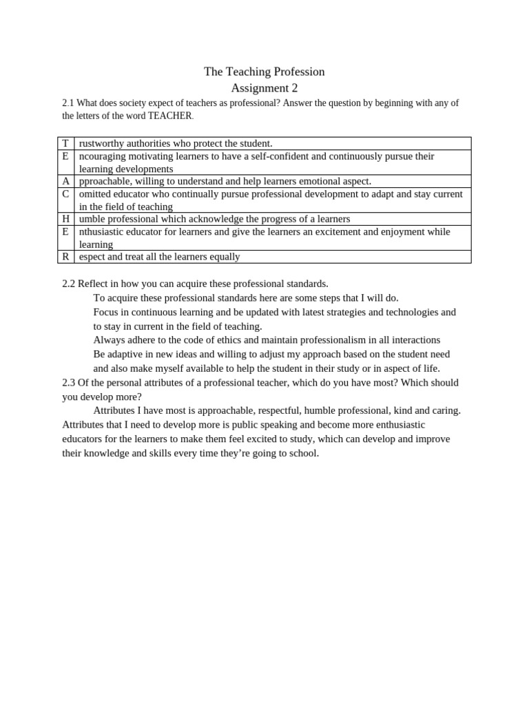 The Teaching Profession Assignment 2 | PDF | Career & Growth | Self ...