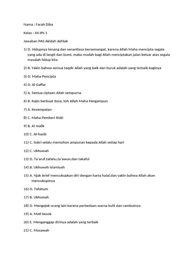 Farah Diba XII IPS 1 - Penilaian Akhir Semester - Akidah Akhlak | PDF