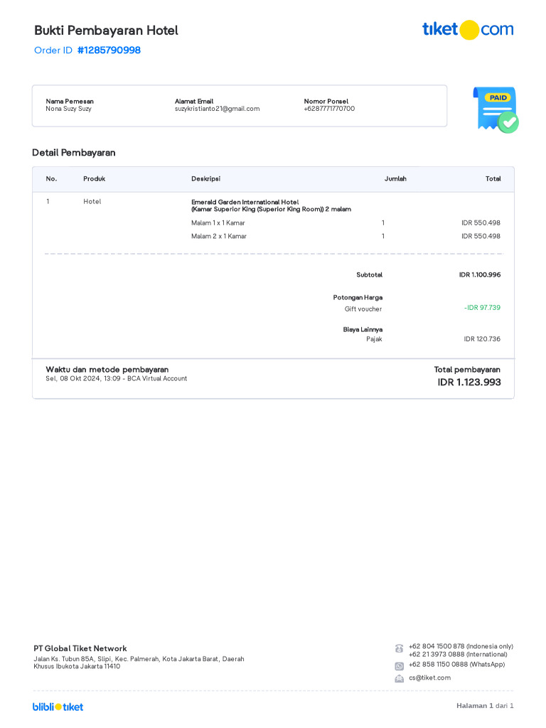 E Receipt Hotel ID 1285790998 | PDF