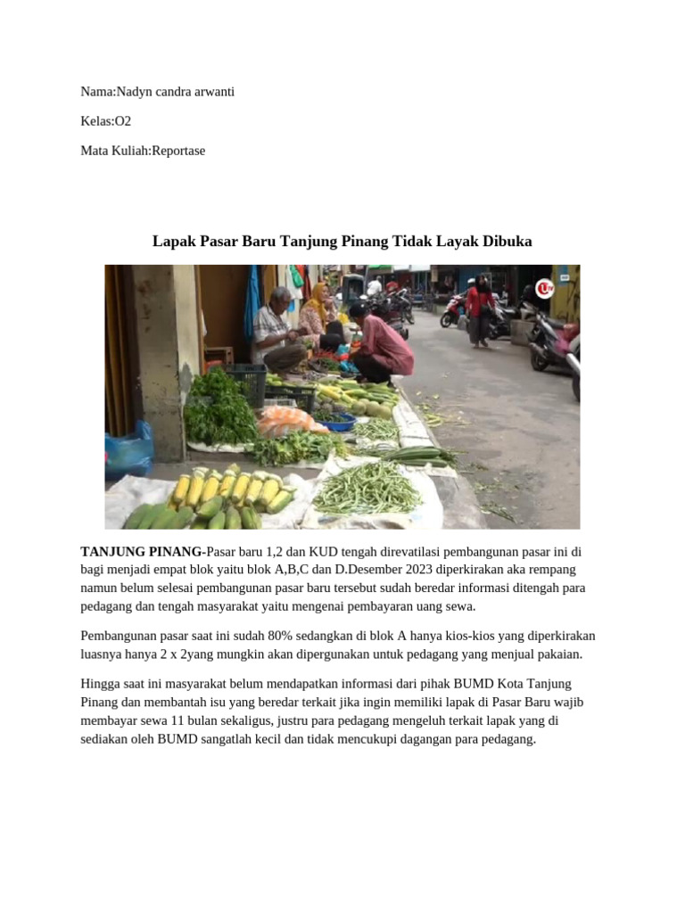 Naskah Berita Lapak Pasar Baru Tanjung Pinang Tidak Layak | PDF