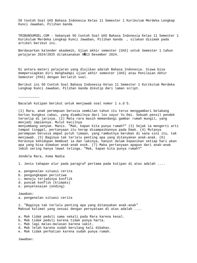 50 Contoh Soal UAS Bahasa Indonesia Kelas 11 Semester 1 | PDF