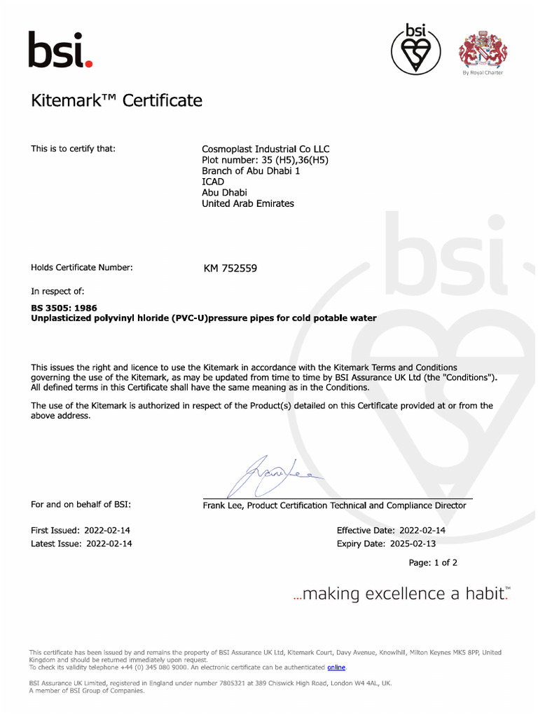 BSI Certificate of cosmoplast | PDF