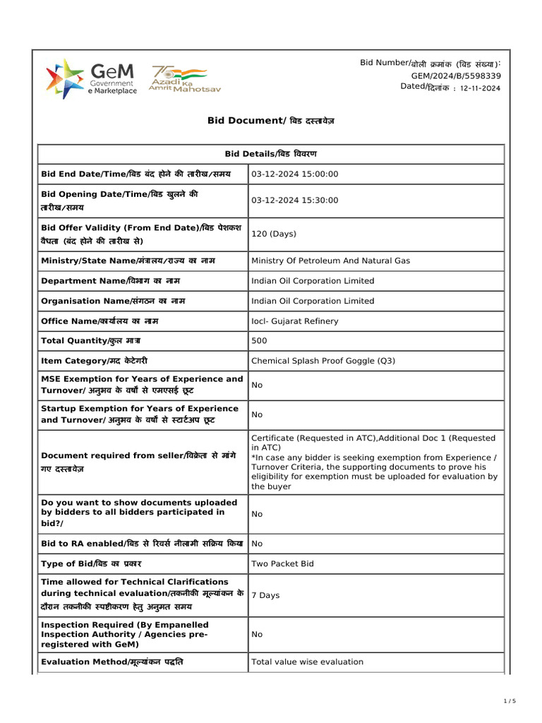 Chemical Splash Proof Goggle Tender in India | PDF | Procurement | Auction