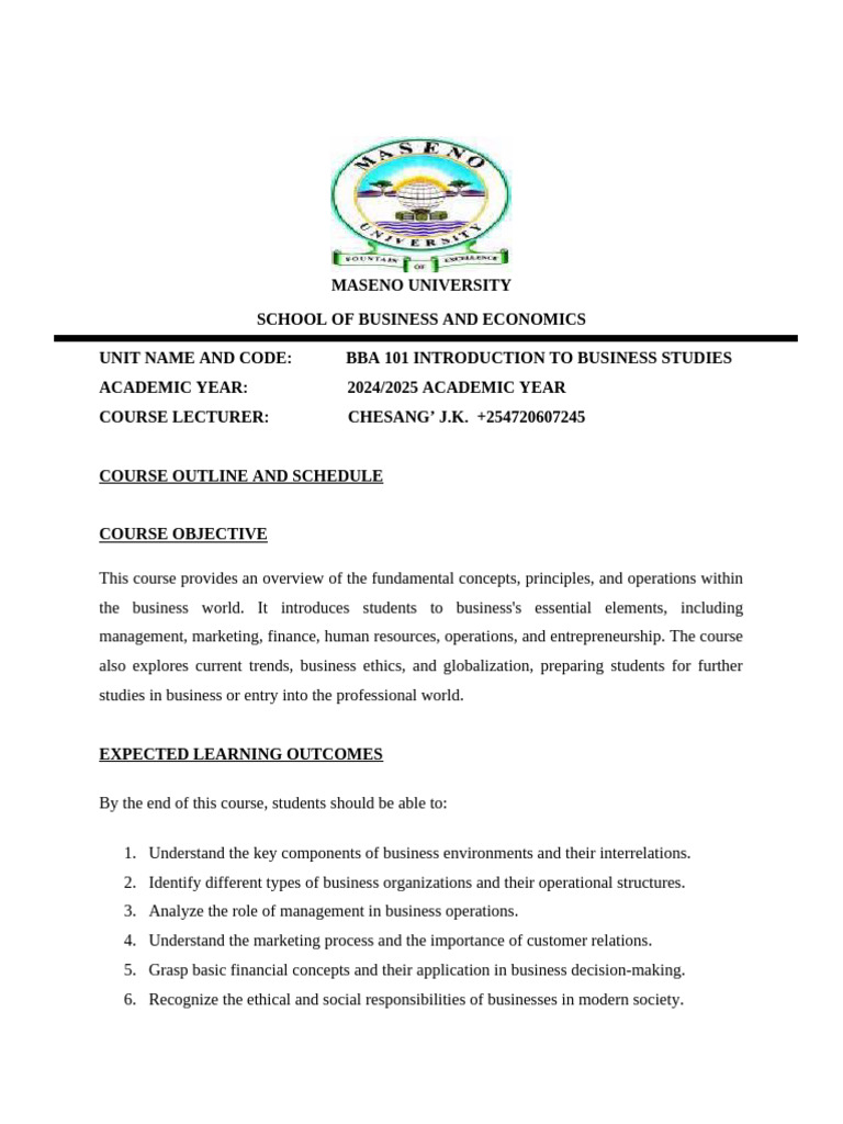 Bba 101 Introduction To Business Course Outline 1 | PDF | Marketing ...