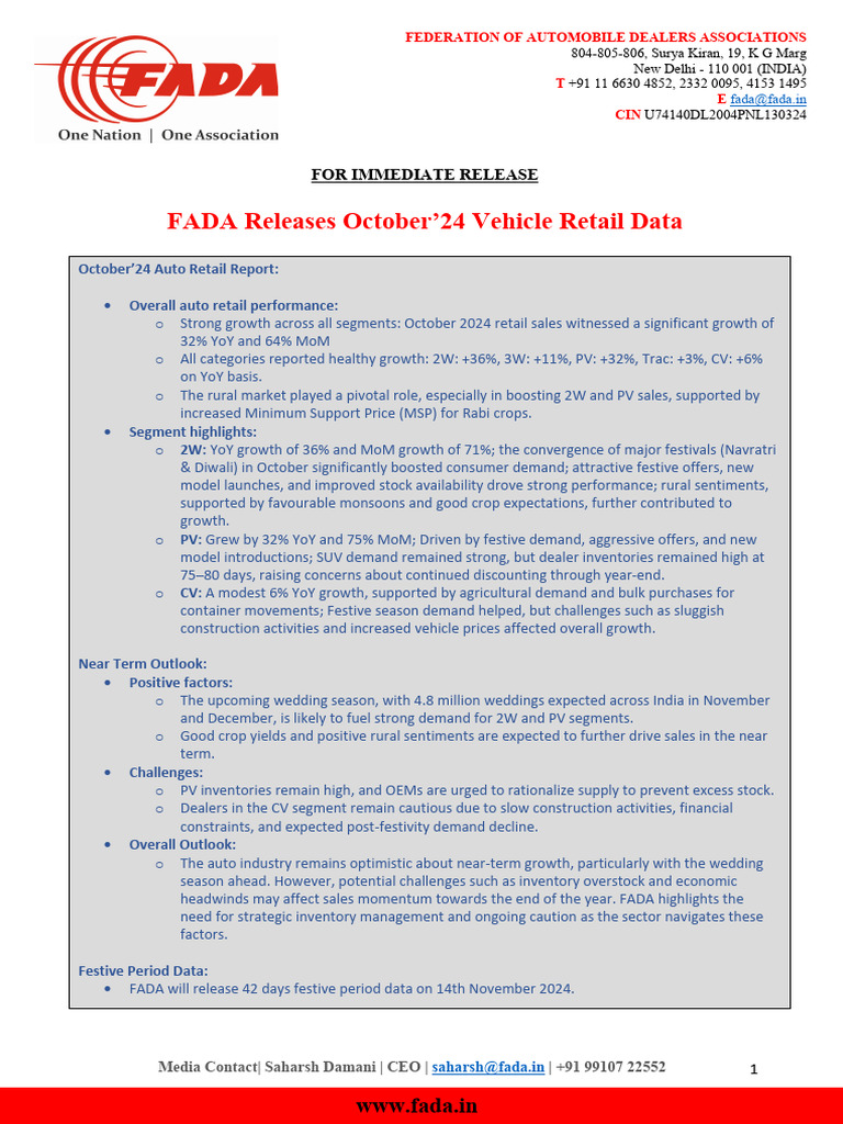 FADA Releases Oct'24 Vehicle Retail Data - Final | PDF | Vehicle ...