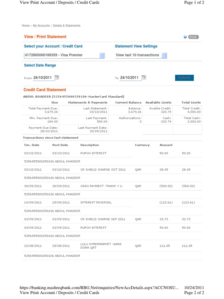 View / Print Statement: Select Your Account / Credit Card Statement ...