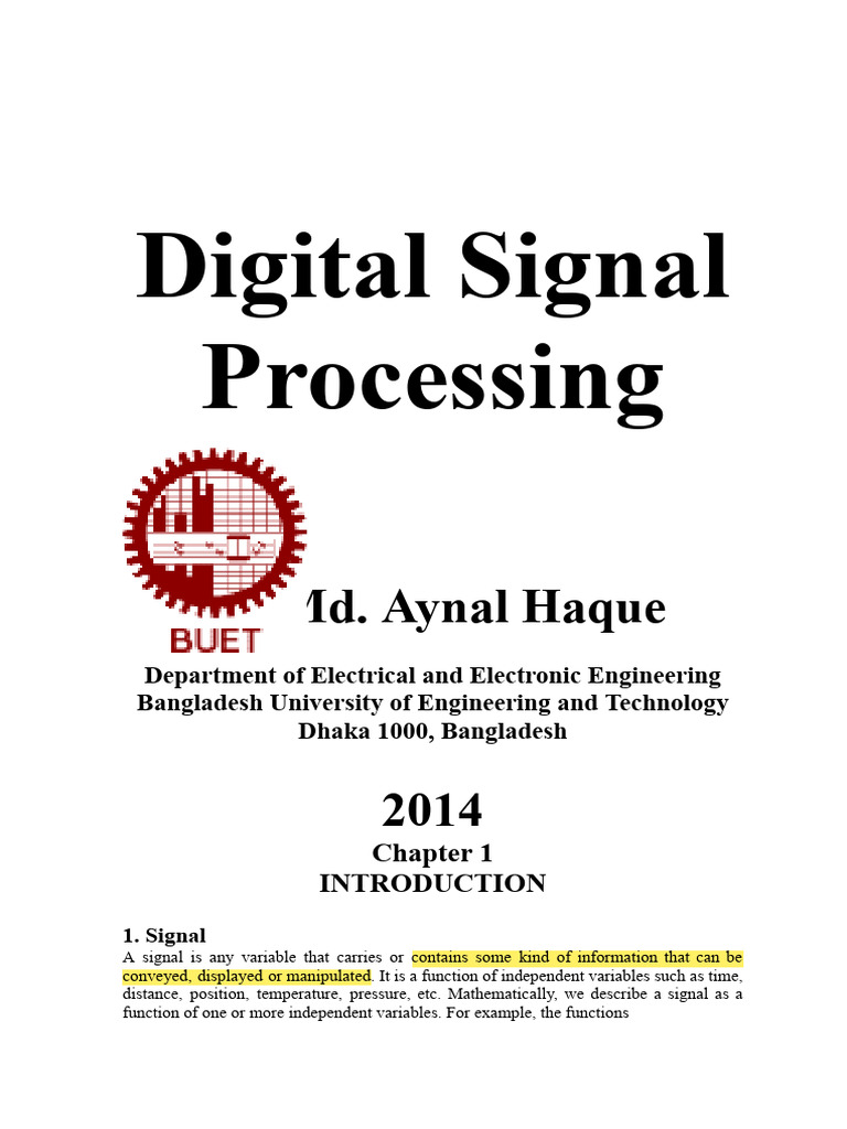 Digital Signal Processing: Dr. Md. Aynal Haque | PDF | Sampling (Signal Processing) | Analog To ...