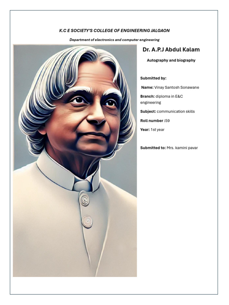Microproject On Autography and Biography of APJ Abdul Kalam | PDF ...