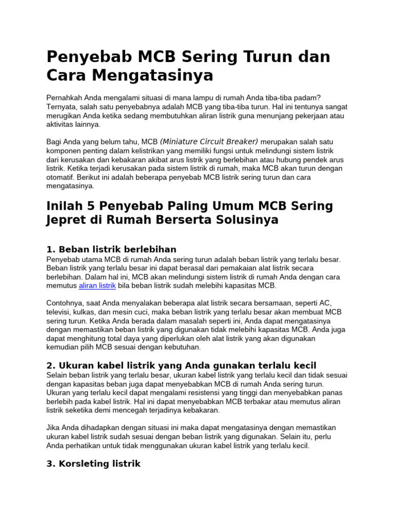 Penyebab MCB Sering Turun Dan Cara Mengatasinya | PDF