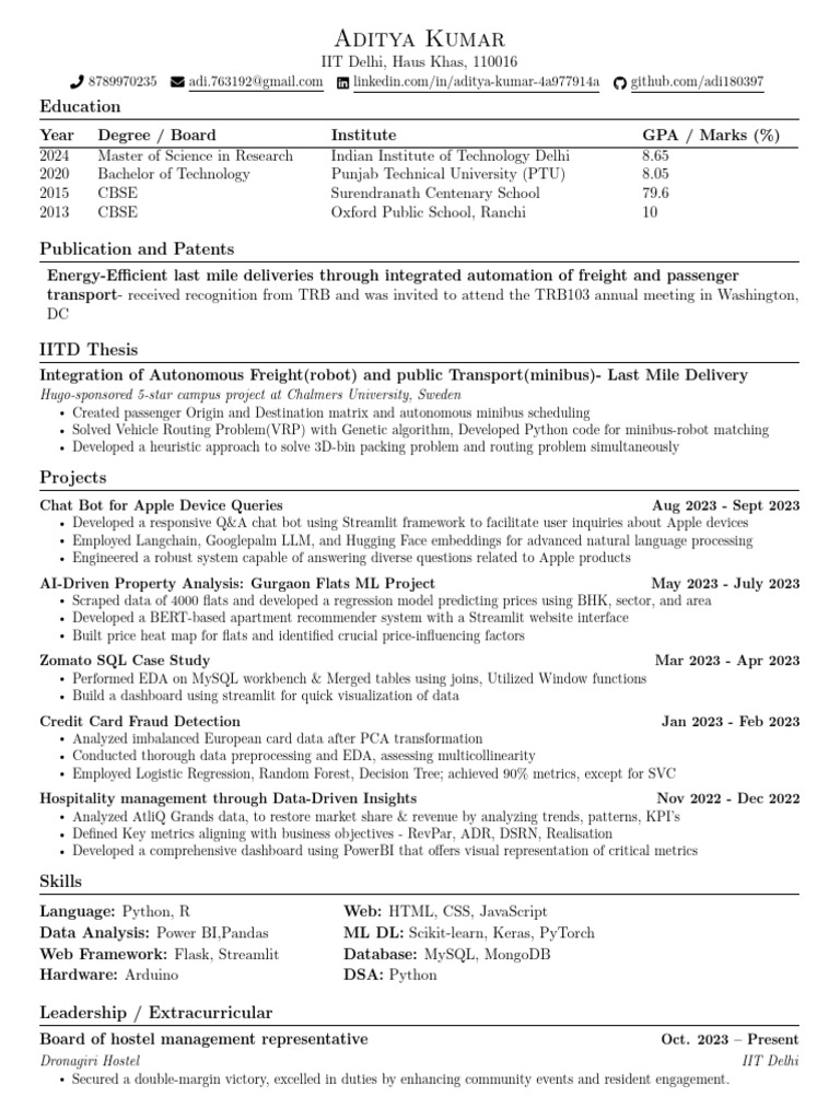 Aditya Kumar Resume | PDF | Information Technology | Information Science