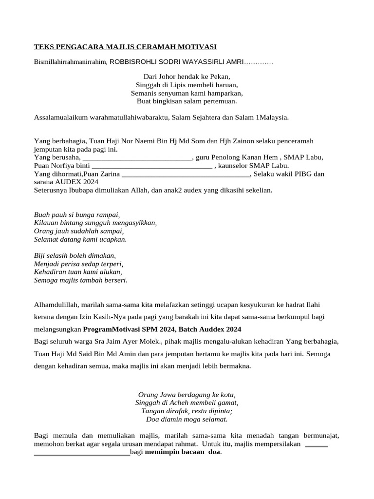 Teks Pengacara Majlis Ceramah Motivasi | PDF