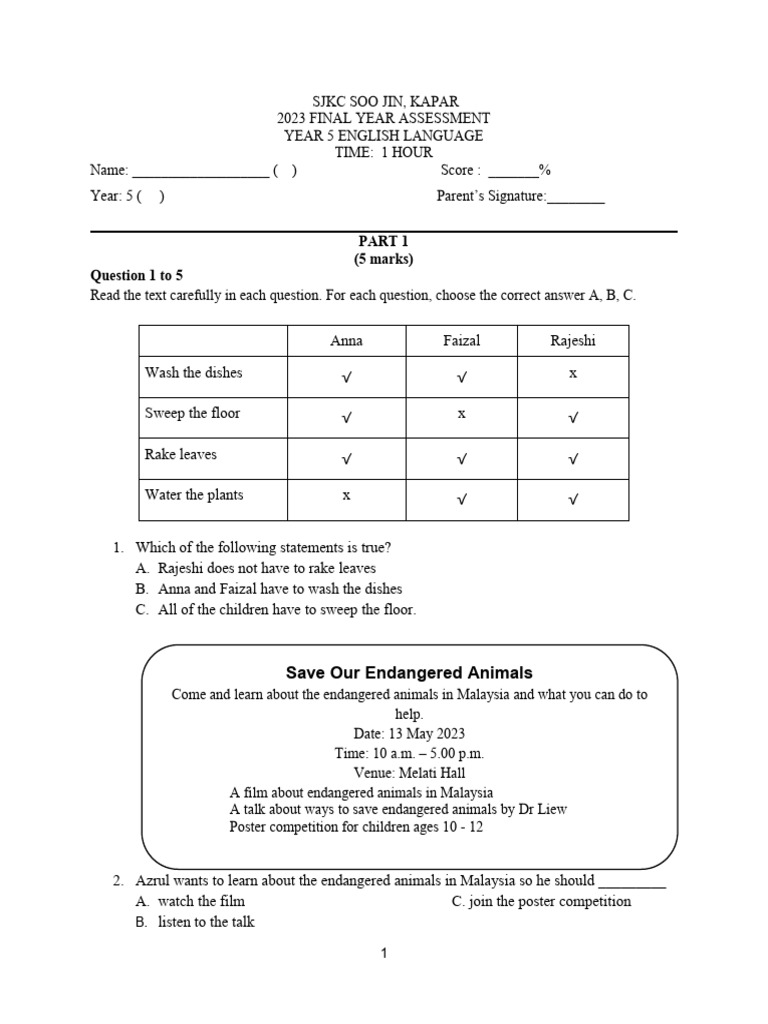 exam paper y5 english | PDF | Elephant | Spider