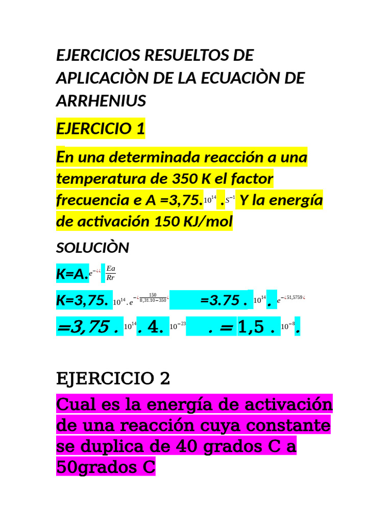 Ejercicios Resueltos de Aplicaciòn de La Ecuaciòn de Arrhenius | PDF
