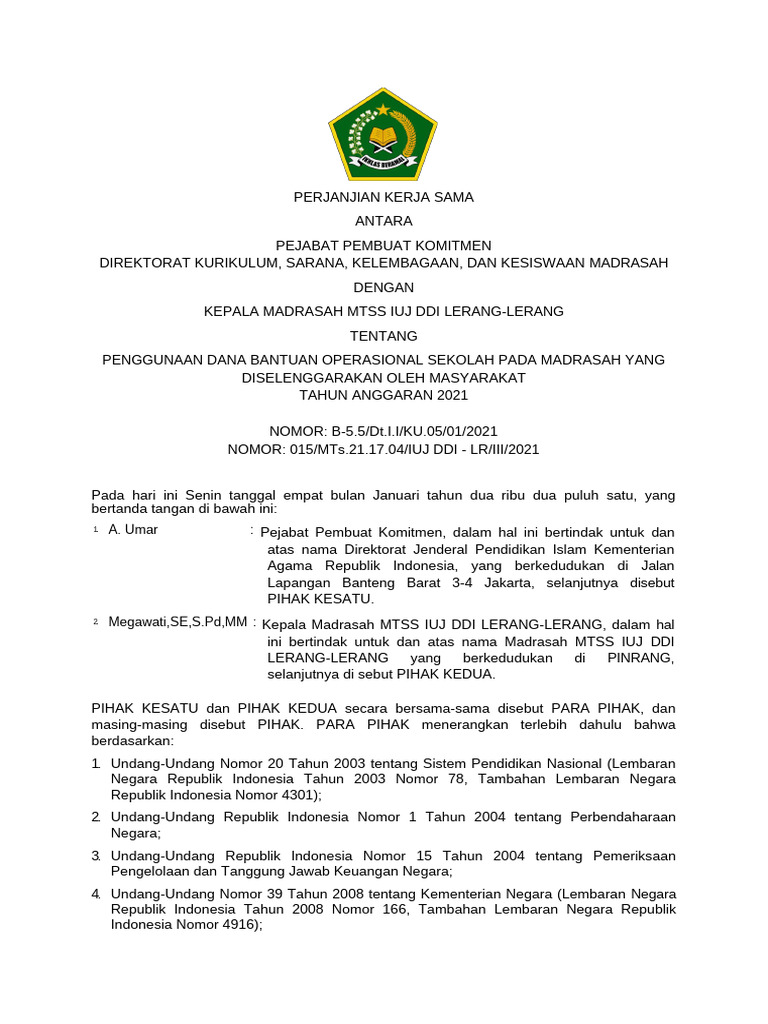 Perjanjian Kerja Sama BOS 2021 Madrasah | PDF | Bisnis