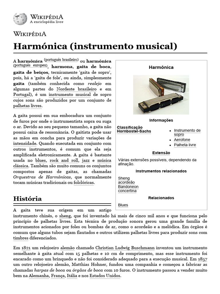 Harmónica (Instrumento Musical) - Wikipédia, A Enciclopédia Livre | PDF | Gaita de Boca ...