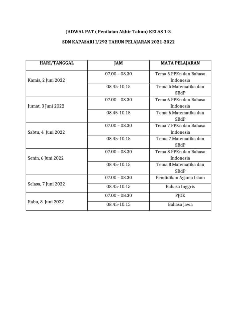 Jadwal PAT 1-3 2021-2022 | PDF