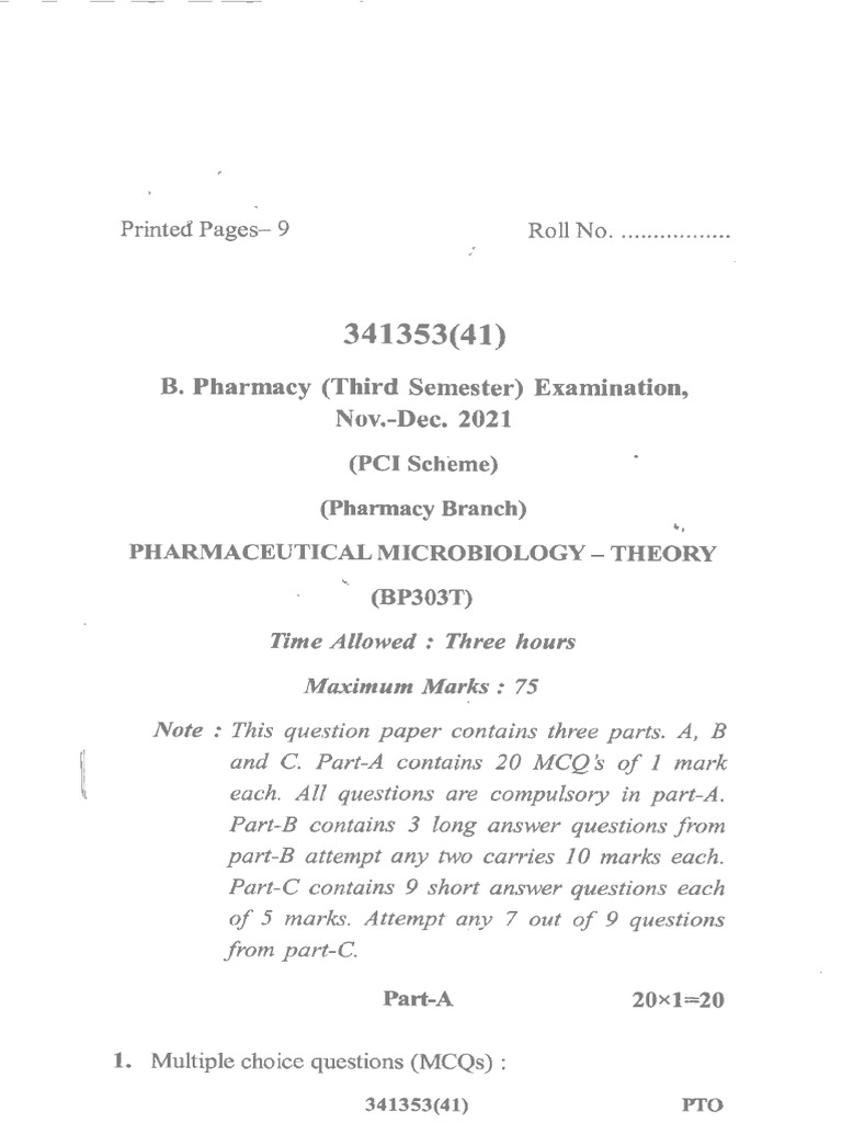 Bpharmacy 3 Sem Pharmacy Pharmaceutical Microbiology 341353 Dec 2021 | PDF