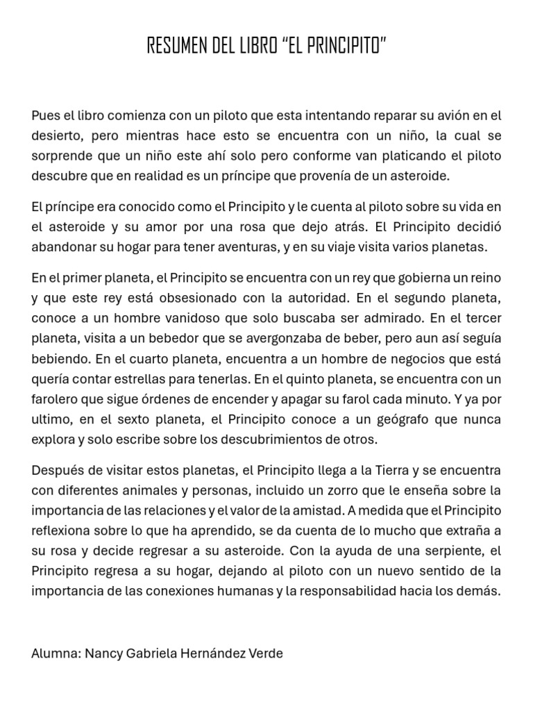 Resumen Del Libro Principito | PDF | Libros para adolescentes | Clásicos
