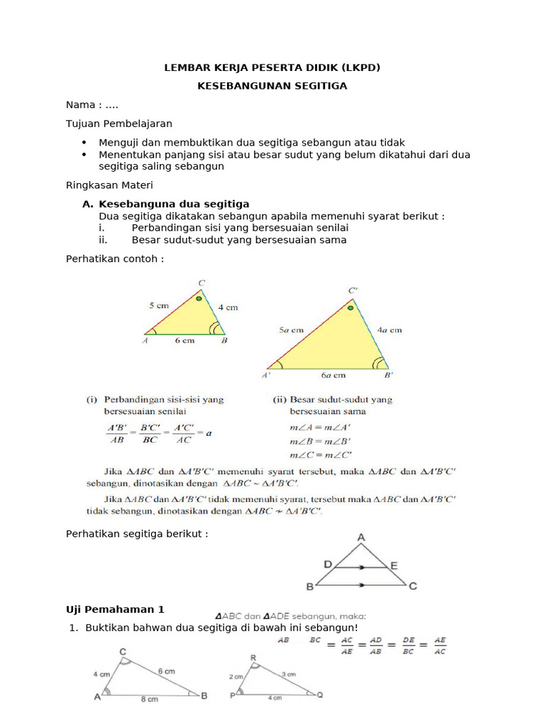 LKPD Kesebangunan Segitiga | PDF | Metode & Bahan Ajar | Teknologi & Rekayasa