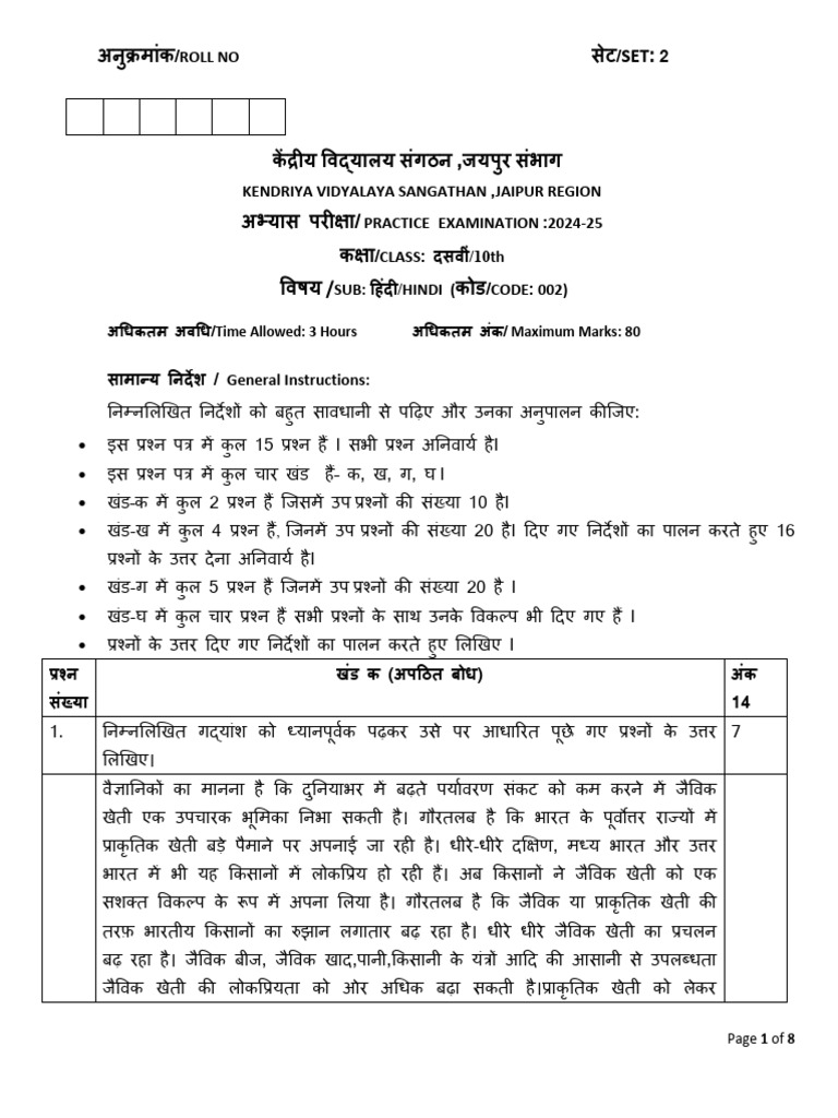 .QP - Set 2 - Hindi Practice Exam - Class 10 - JPR - RG | PDF