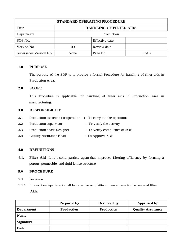 SOP for Handling Filter Aids in Production | PDF | Water | Personal Protective Equipment