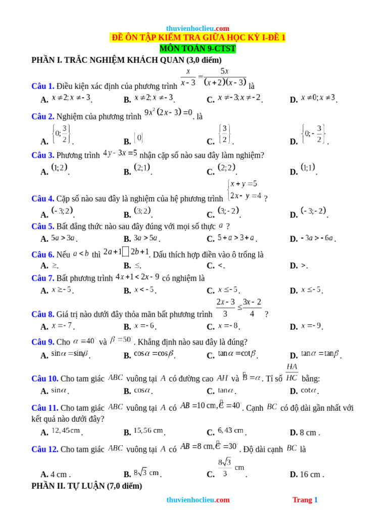 Bo de Kiem Tra Giua HK1 Toan 9 CTST | PDF