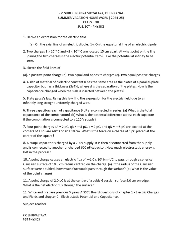 Class XII Physics Summer Homework 2024 | PDF | Science & Mathematics | Technology & Engineering