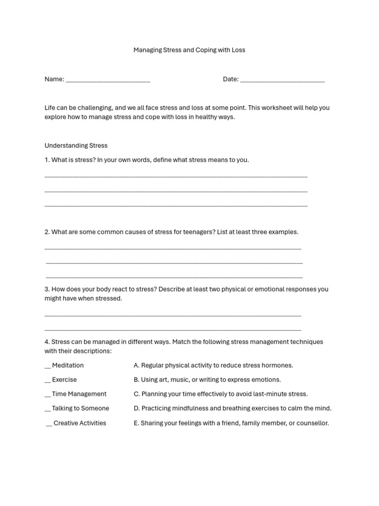 Managing Stress and Coping With Loss Worksheet | PDF | Stress (Biology ...