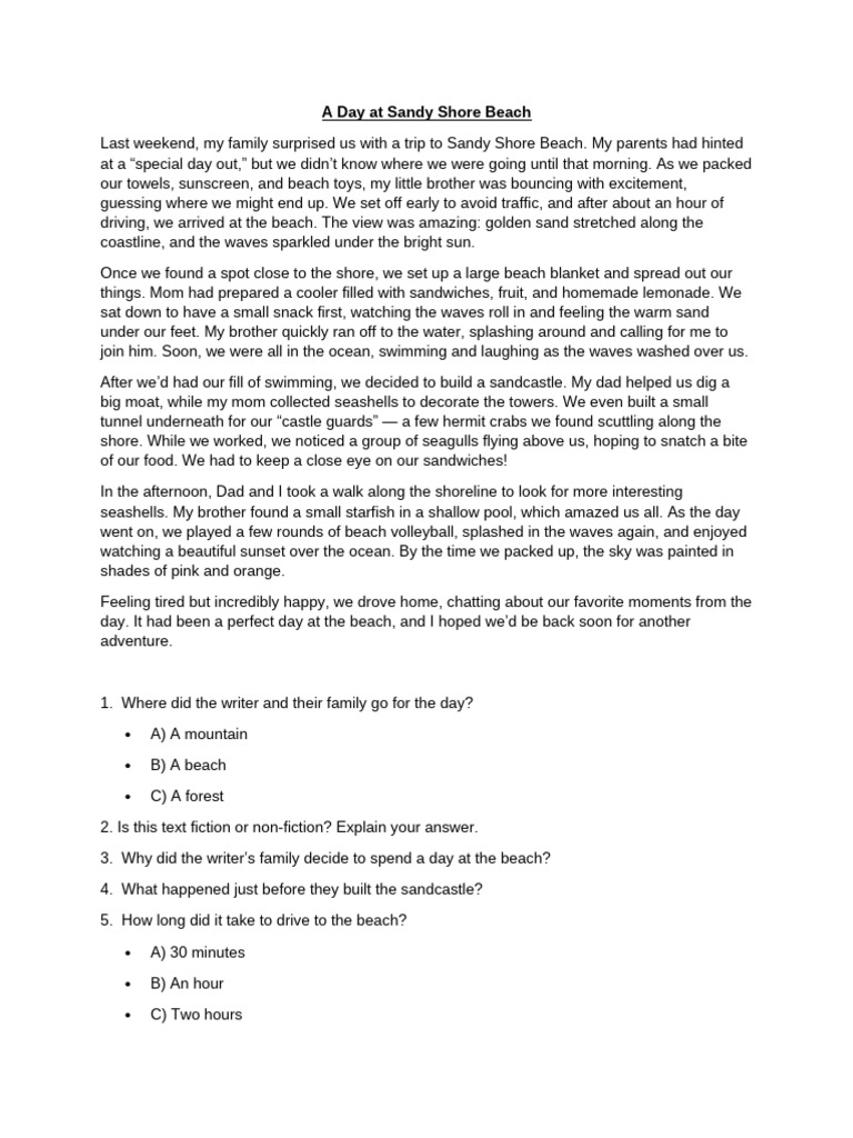 Week 11 - A Day at Sandy Shore Beach | PDF