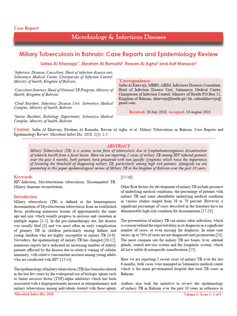 Miliary Tuberculosis in Bahrain Case Reports and Epidemiology Review | PDF | Tuberculosis ...
