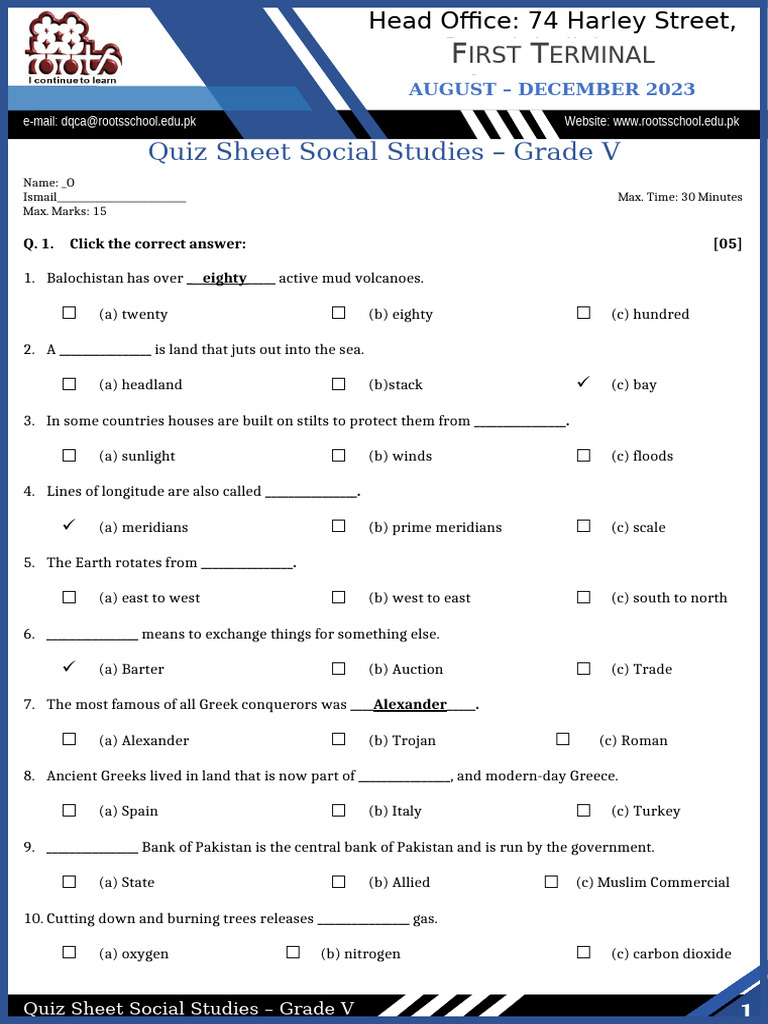 Grade V Social Studies Quiz Sheet | PDF | Earth Sciences | Nature