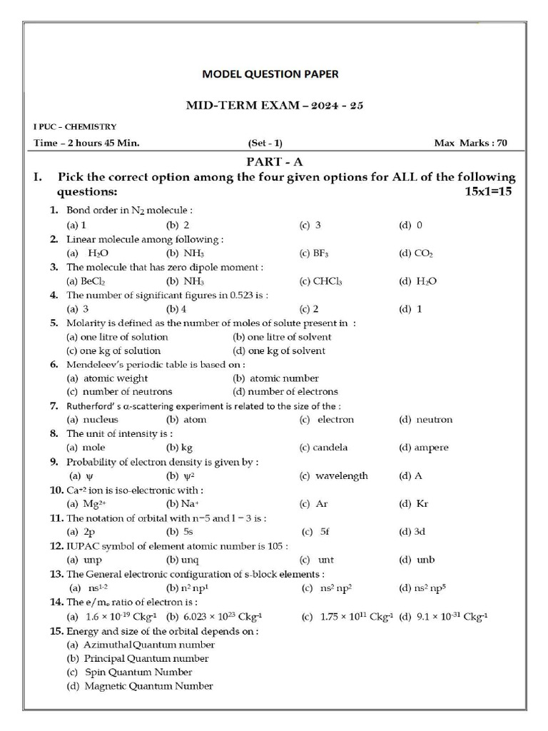 I Puc - Chemistry - Model Question Paper | PDF