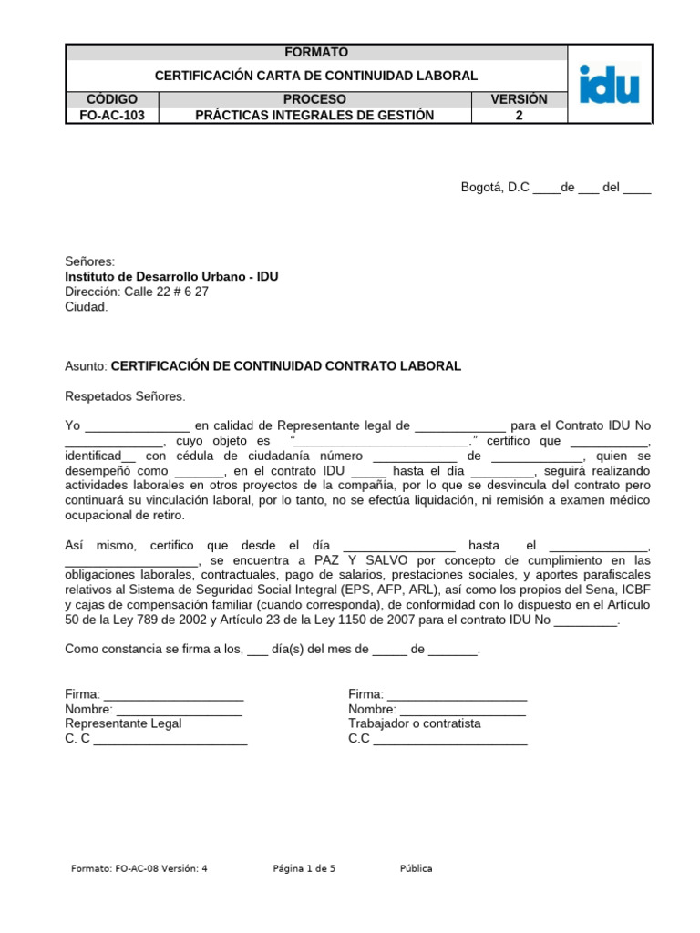 Foac103 Certificación Carta de Continuidad Laboral V2 | PDF | Personal