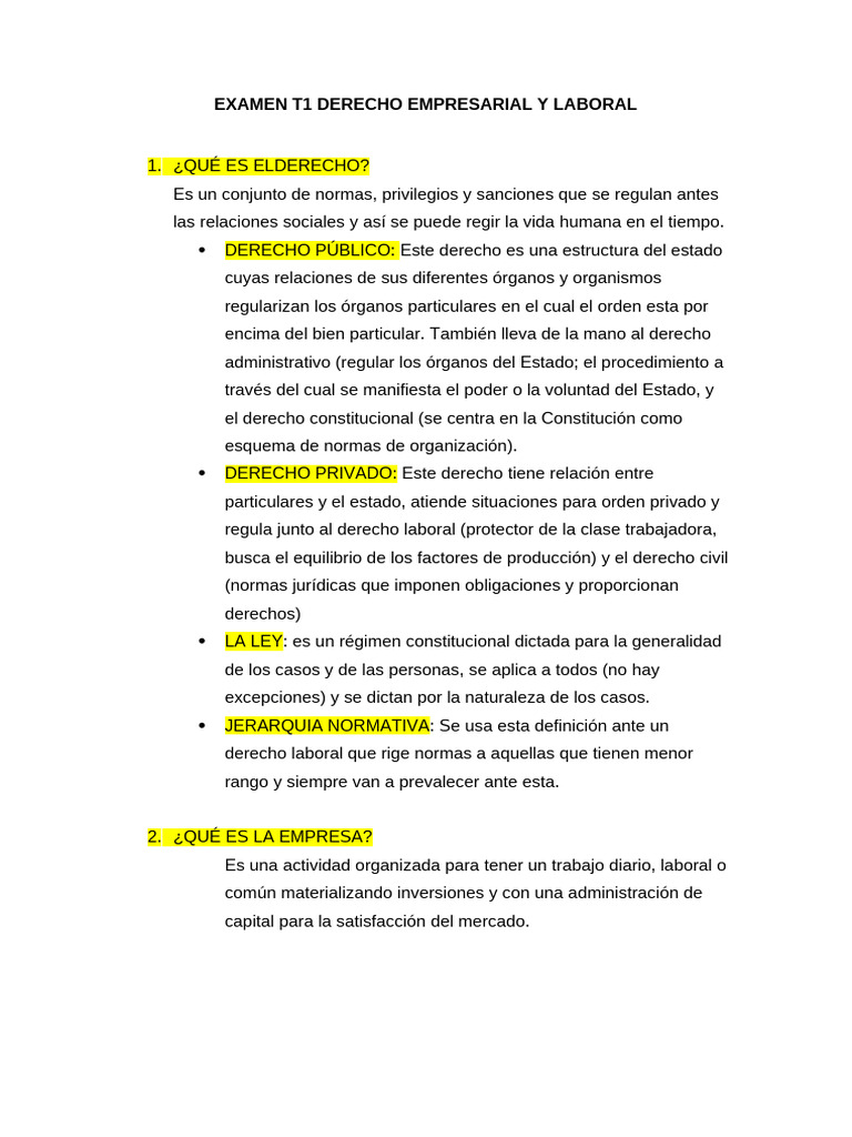 Examen T1 Derecho Empresarial y Laboral | PDF | Business | Derecho laboral