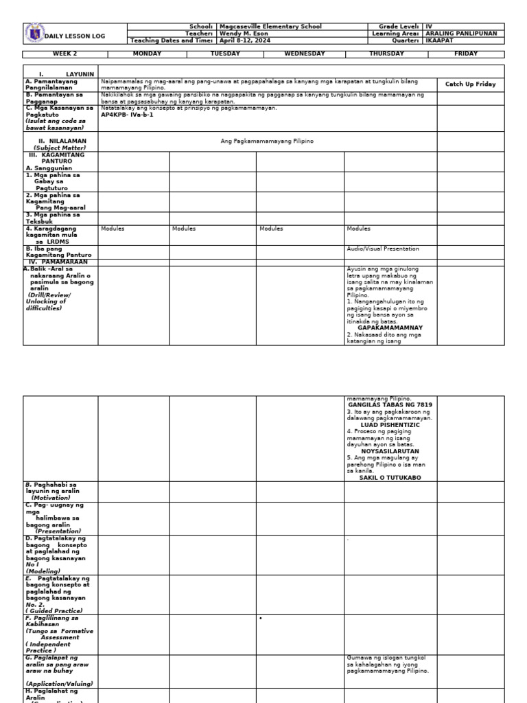 DLL - AP4 - Q4 - W1 - Natatalakay Ang Konsepto at Prinsipiyo NG Pagkamamamayan | PDF
