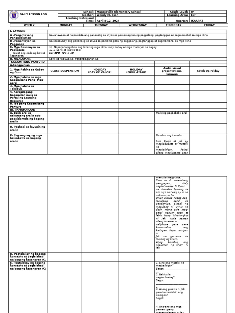 DLL - ESP 4 - Q4 - W1 - Napahahalagahan Ang Lahat NG Mga Likha May Buhay at Mga Materyal Na ...