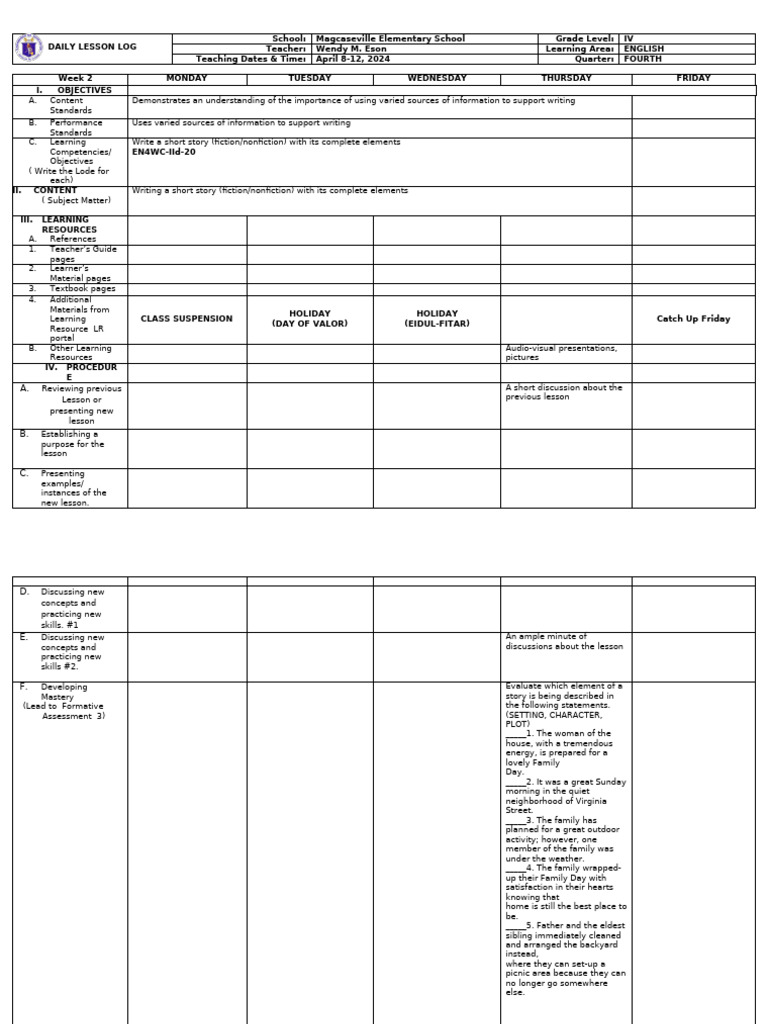 Daily Lesson Log: Grade IV English | PDF | Learning