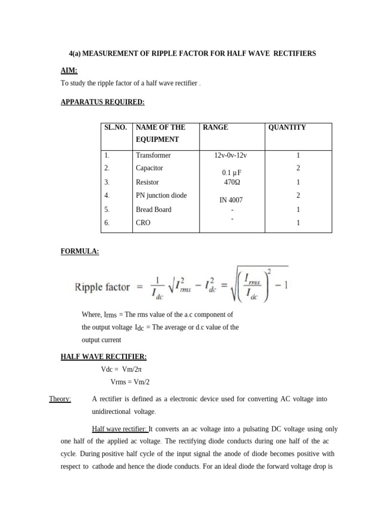 Half Wave Rectifier Ripple Factor Study | PDF | Rectifier | Diode