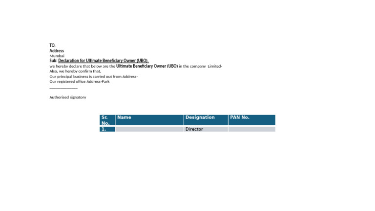 TO, Address Sub: Declaration For Ultimate Beneficiary Owner (UBO ...