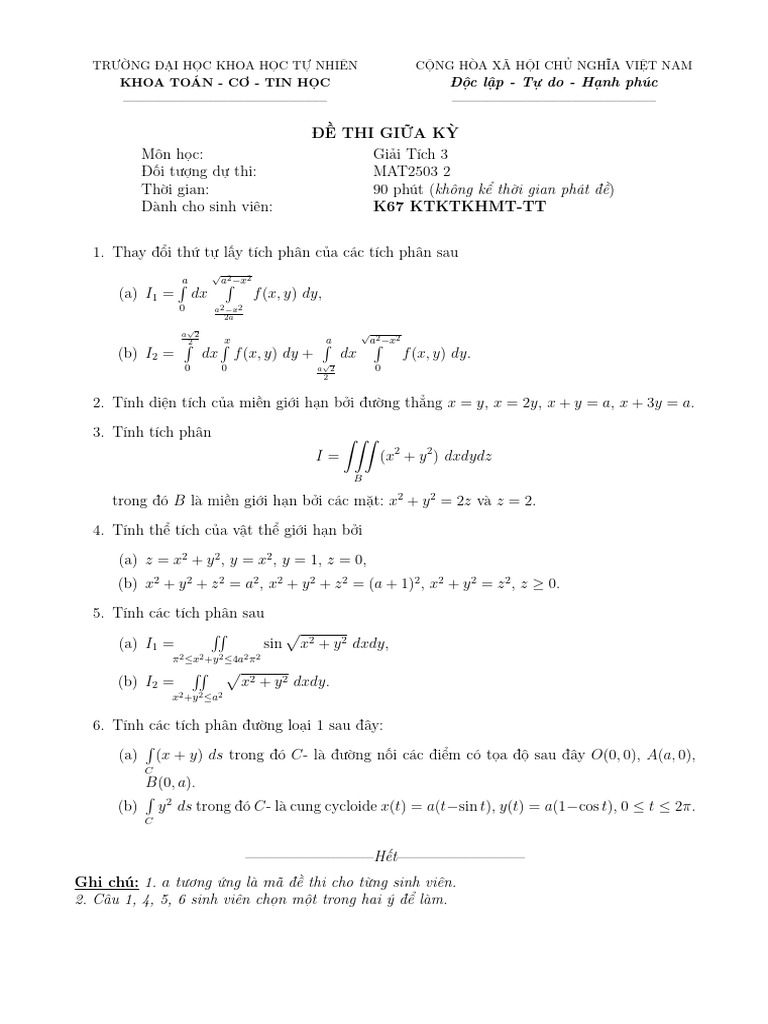 Giải - Tích - 3 - Đề Giữa Kỳ - K67 - KHMT | PDF