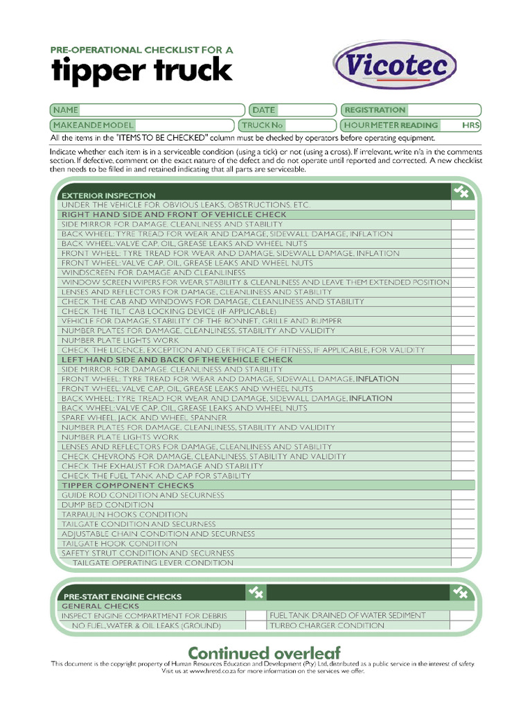 HRETD - Tipper Truck CHECKLIST | PDF