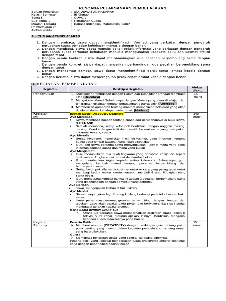 RPP Kelas 3 Tema 5 Dan 7 Tema 1 Pembelajaran | PDF