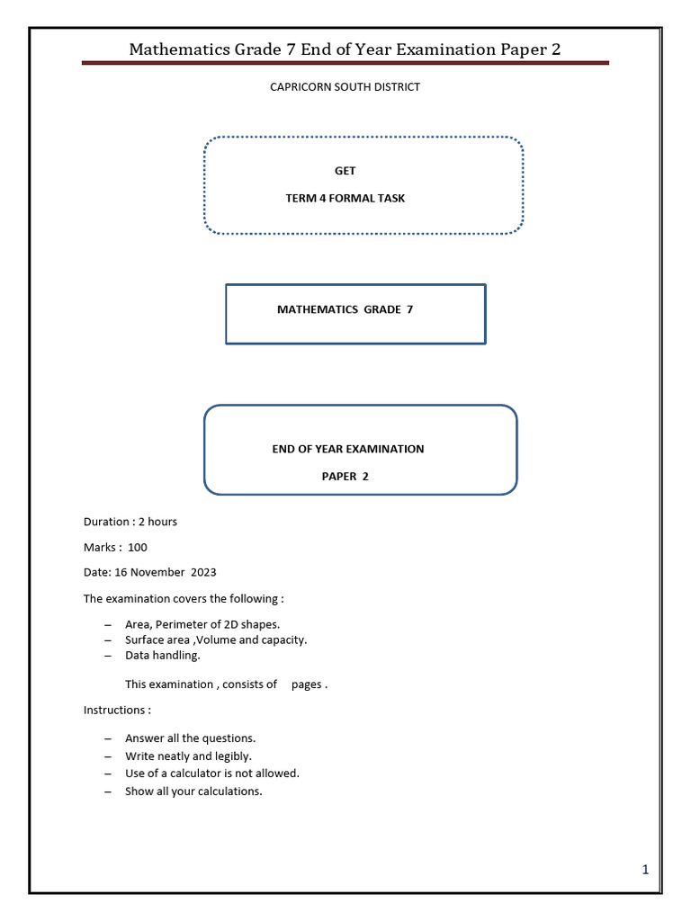 Grade 7 Math Exam Paper | PDF | Rectangle | Elementary Mathematics