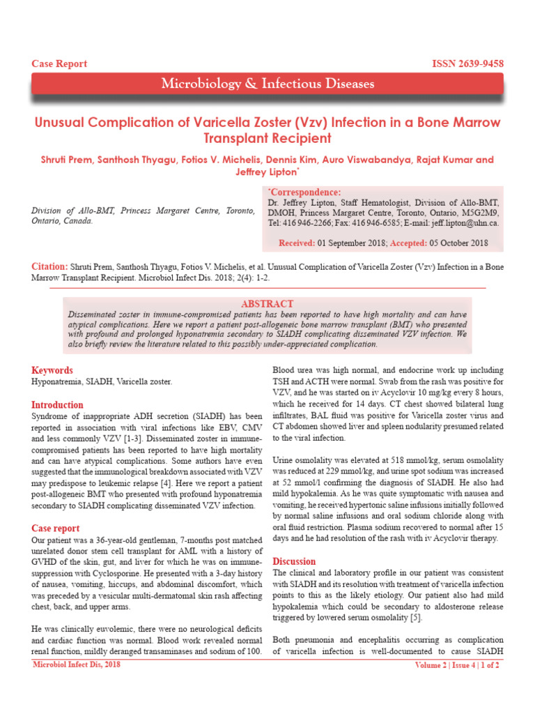 Unusual Complication of Varicella Zoster VZV Infection in A Bone Marrow Transplant Recipient ...