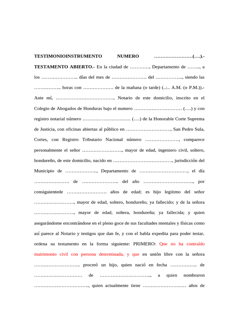 Modelo de Testamento Abierto | PDF | Herencia | Documento de identidad