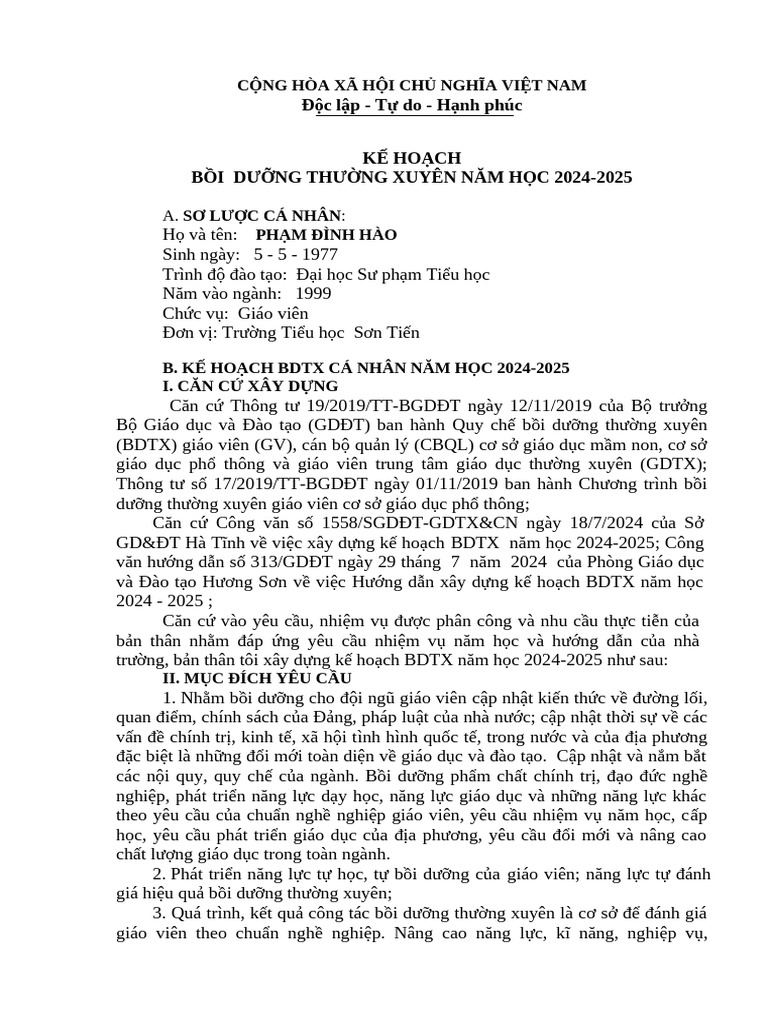 KẾ HOẠCH BDTX (CÁ NHÂN) 2024-2025 GV | PDF