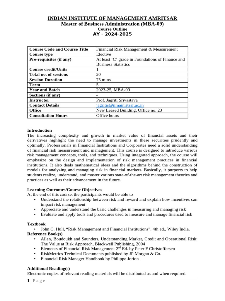 MBA Financial Risk Management Course Outline | PDF | Risk | Risk Management
